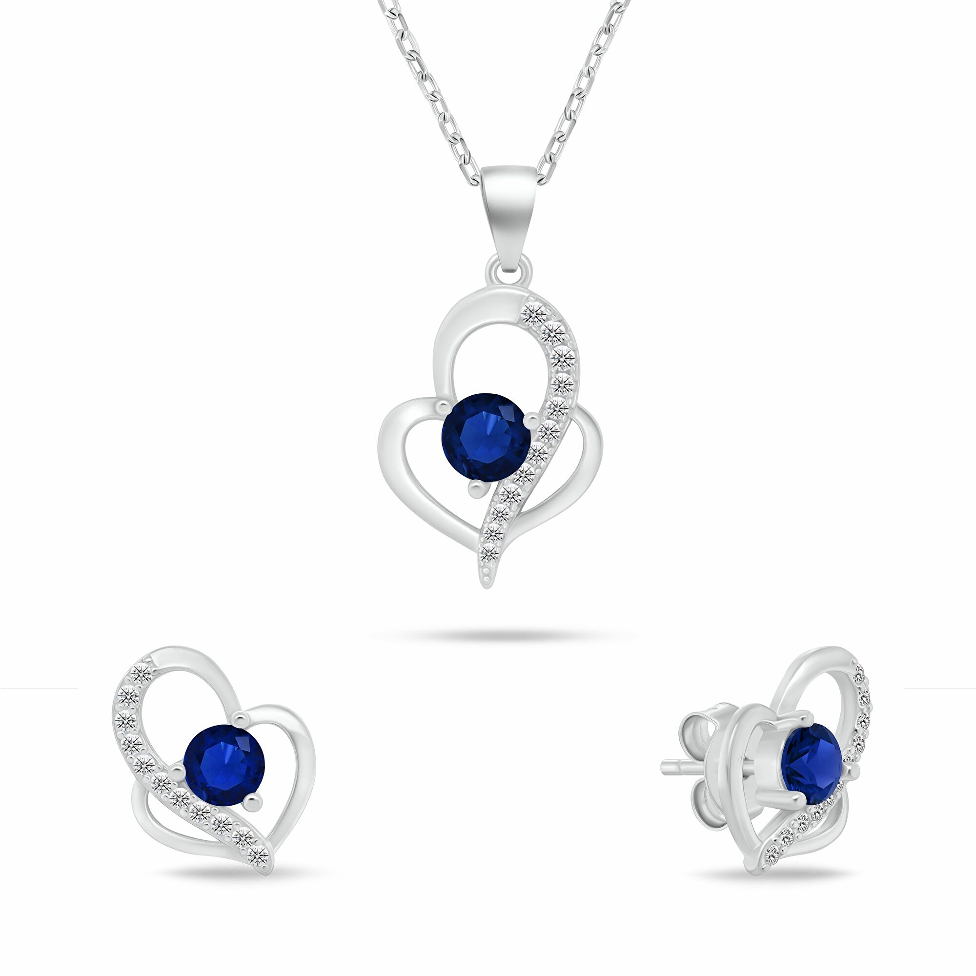 Set original de bijuterii din argint „Inimioare” cu zirconii albastre SET294WB (colier și cercei ...